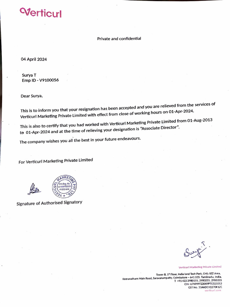 Verticurl Relieving and Experience Letter Signed | PDF