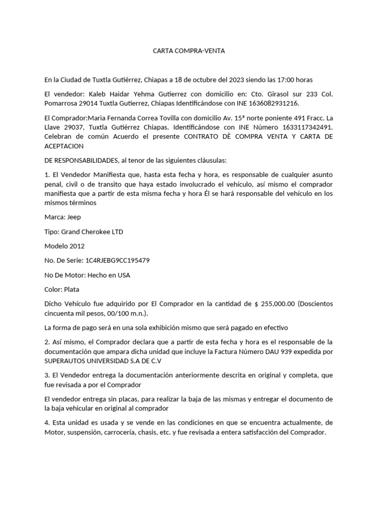Carta Compra Venta | PDF