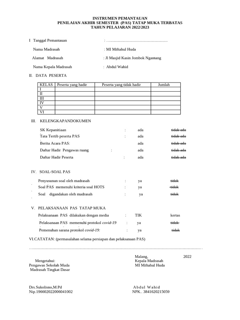 Instrumen Pemantauan Pas 2022 | PDF