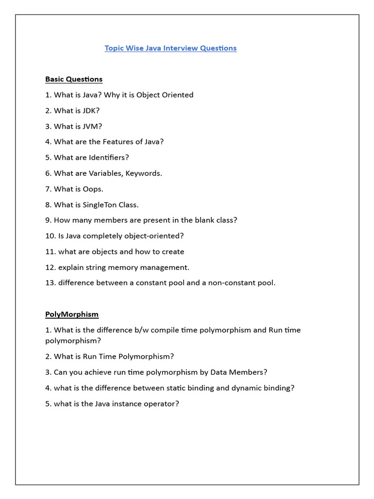Topic Wise Java Interview Questions | PDF Topic Wise Java Interview Questions | PDF