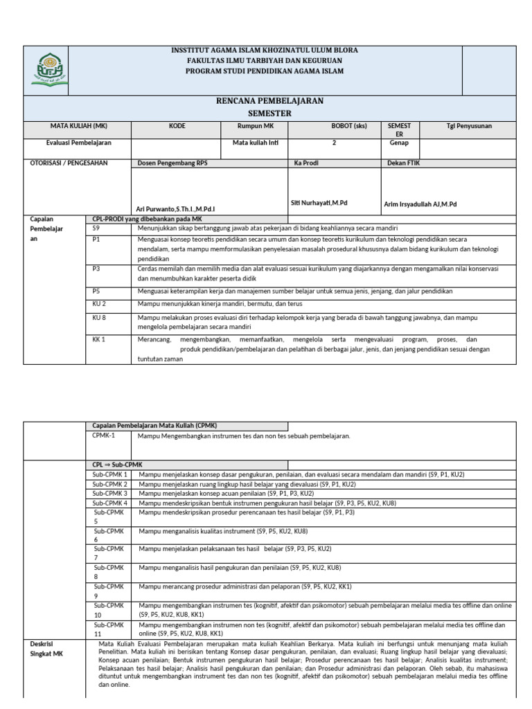 RPS Evaluasi Pembelajaran | PDF