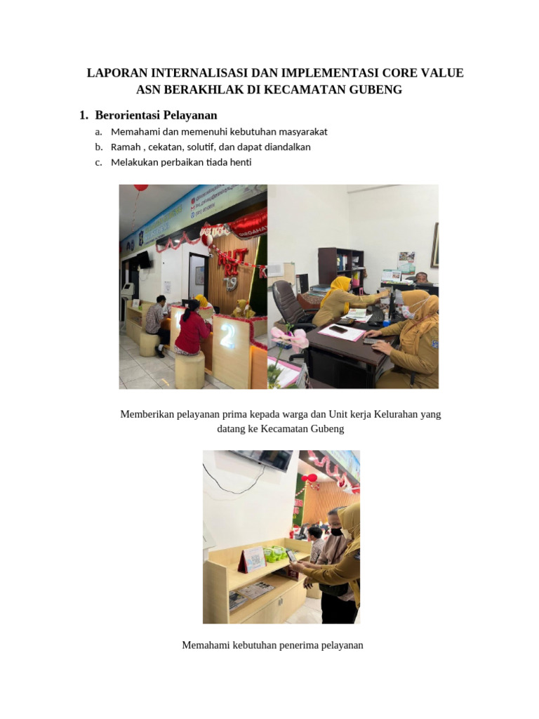 Laporan Internalisasi Dan Implementasi Core Value Asn Berakhlak Di Kecamatan Gubeng | PDF