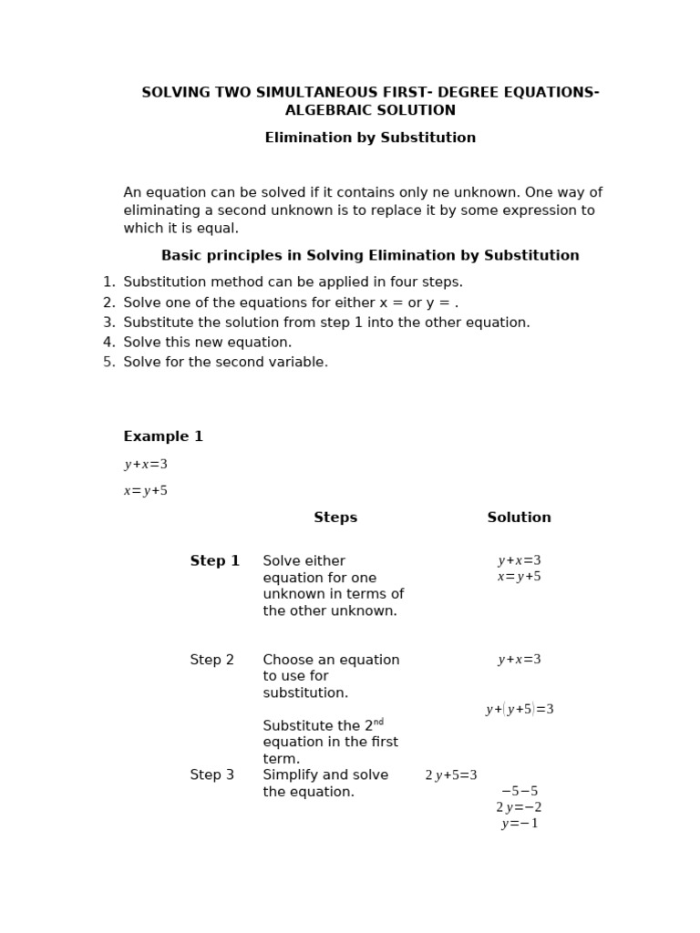 SOLVING TWO SIMULTANEOUS FIRST - DEGREE EQUATIONS Substitution | PDF ...
