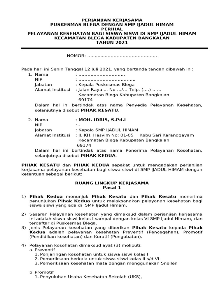 Contoh Mou Sekolah Dengan Puskesmas Terbaru | PDF