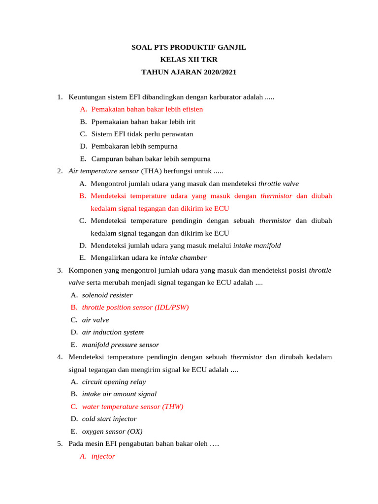 Soal Pts Produktif Ganjil XII TKR 2021-2022 | PDF