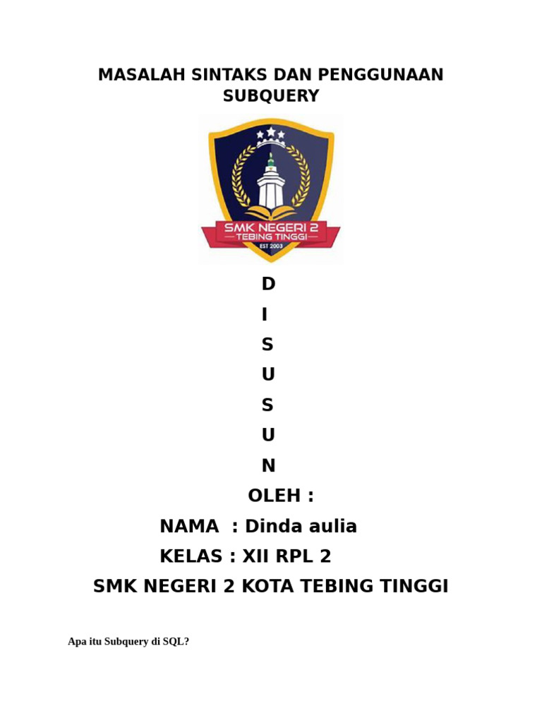 Makalah Subquery Dinda RPL 2 | PDF