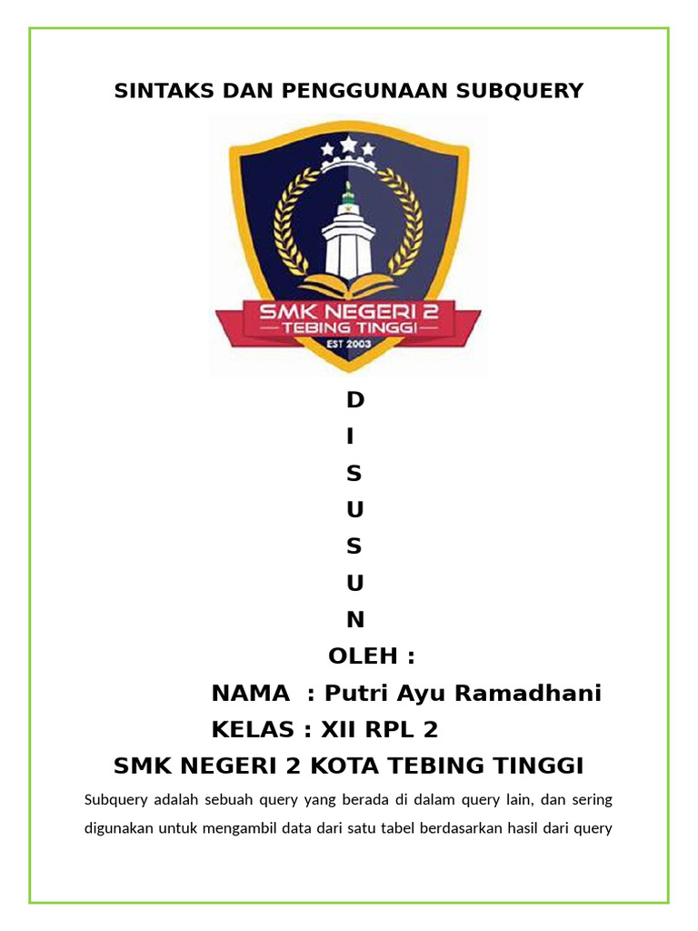 SINTAKS DAN PENGGUNAAN SUBQUERY Putri Ayu | PDF
