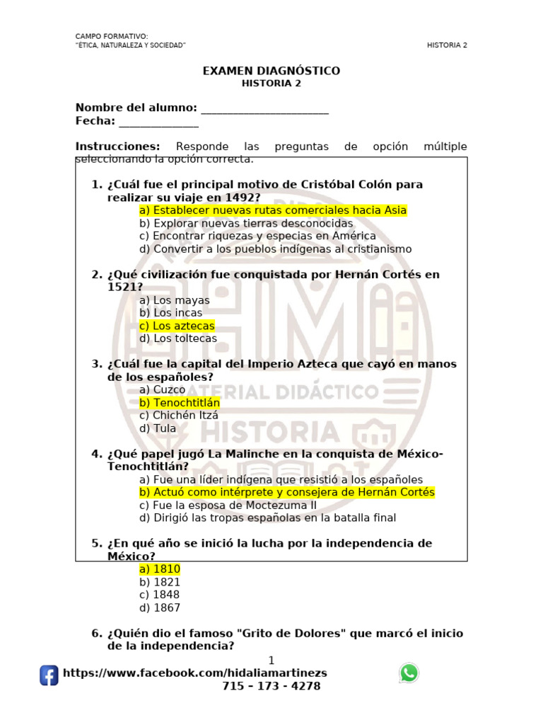 Diagnostico 2do Historia Versión 1 | PDF