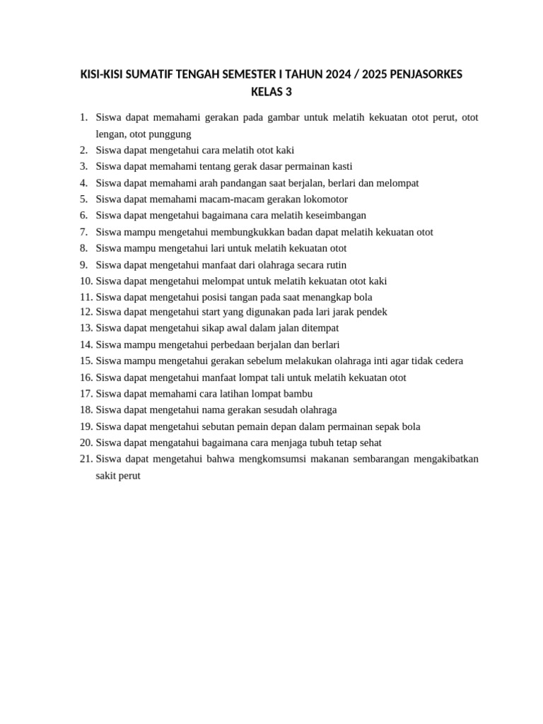 Kisi - Kisi Sts 1 Pjok Tahun Kls 3 Dan 4 | PDF