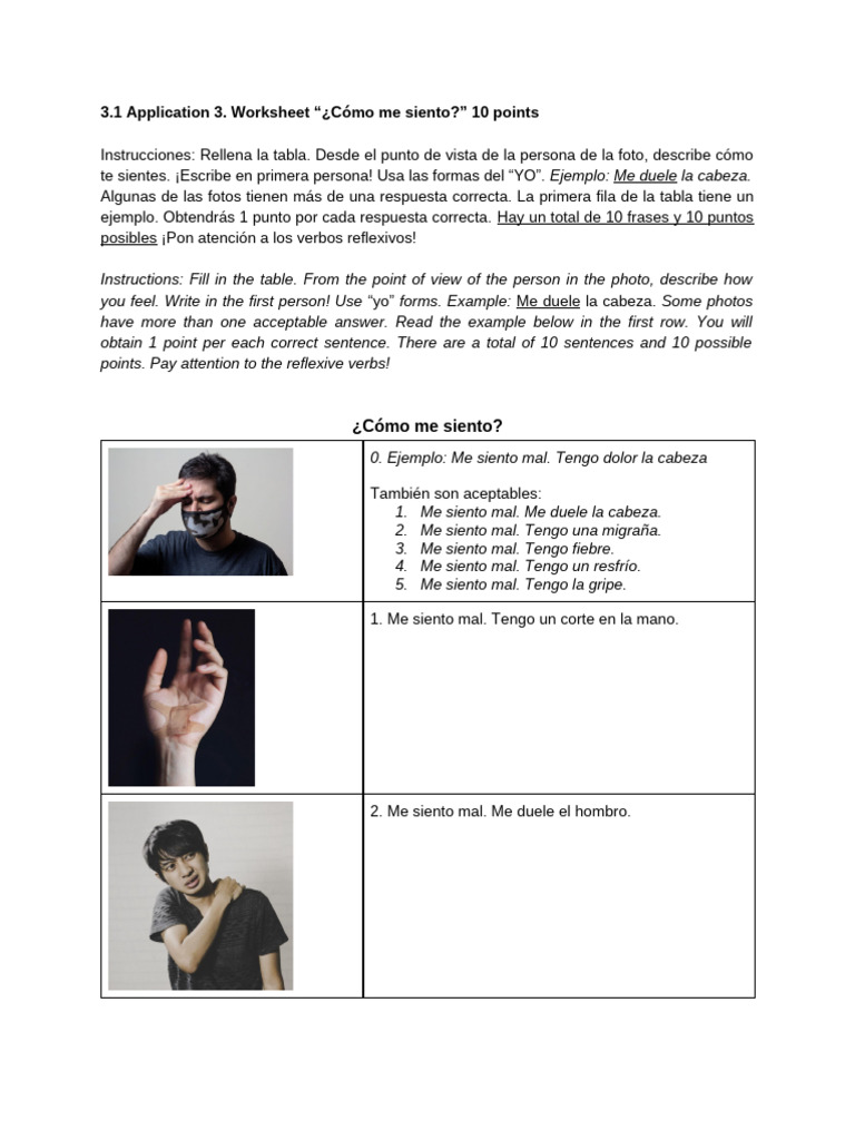 3.1 Application 2 Me Duele Worksheet | PDF