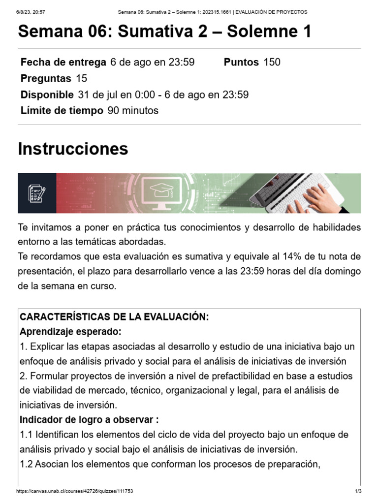 Semana 06 - Sumativa 2 - Solemne 1 - 202315.1661 - EVALUACIÓN DE PROYECTOS | PDF