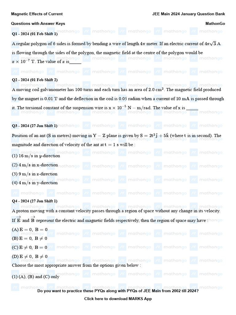 Magnetic Effects of Current - JEE Main 2024 January Question Bank ...
