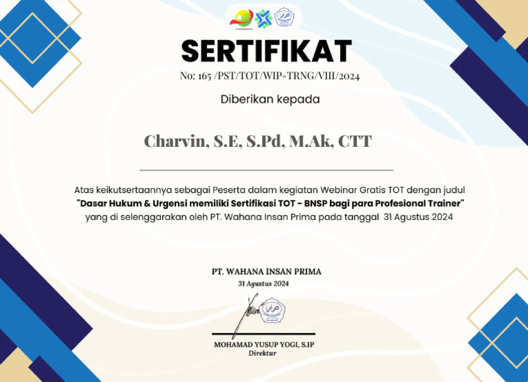 E-Certificate Charvin, S.E, S.PD, M.Ak, CTT | PDF
