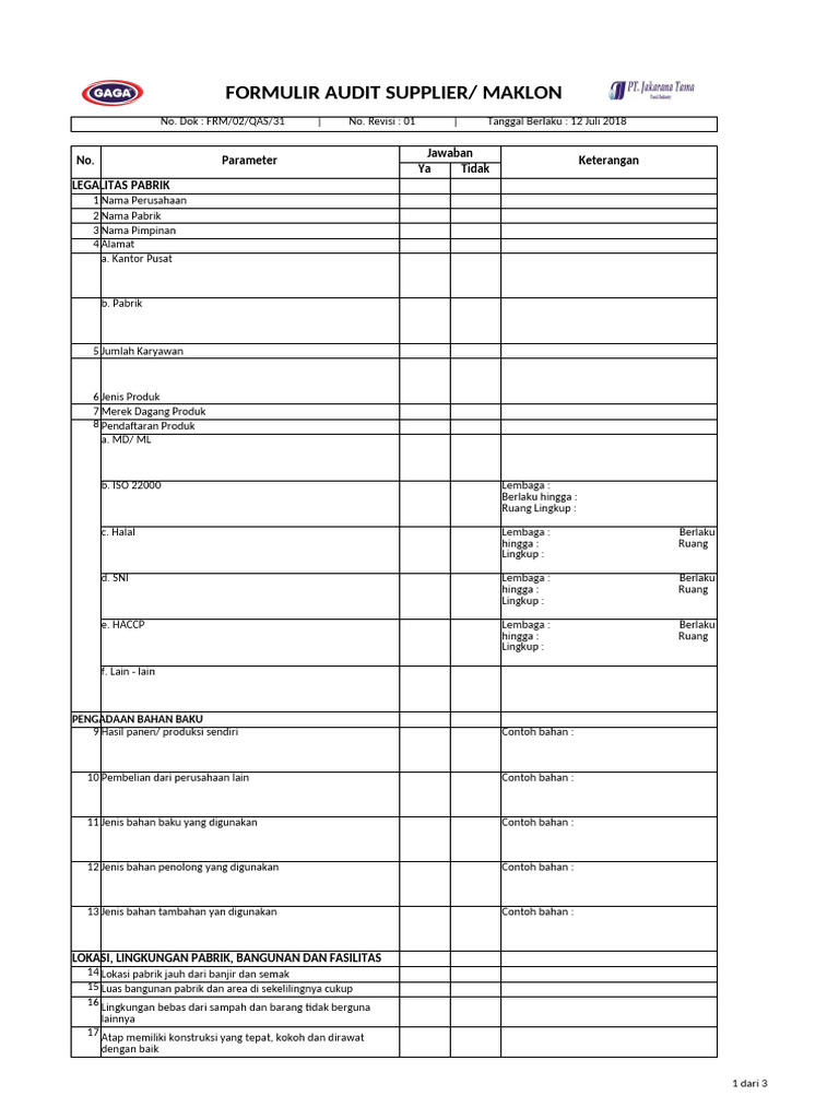 Formulir Audit Supplier | PDF