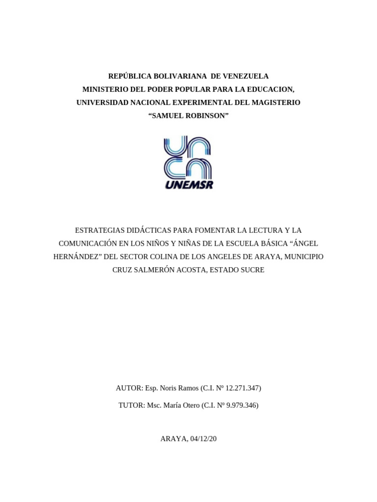 Anteproyecto Noris Ramos | PDF | Educación primaria | Aprendizaje