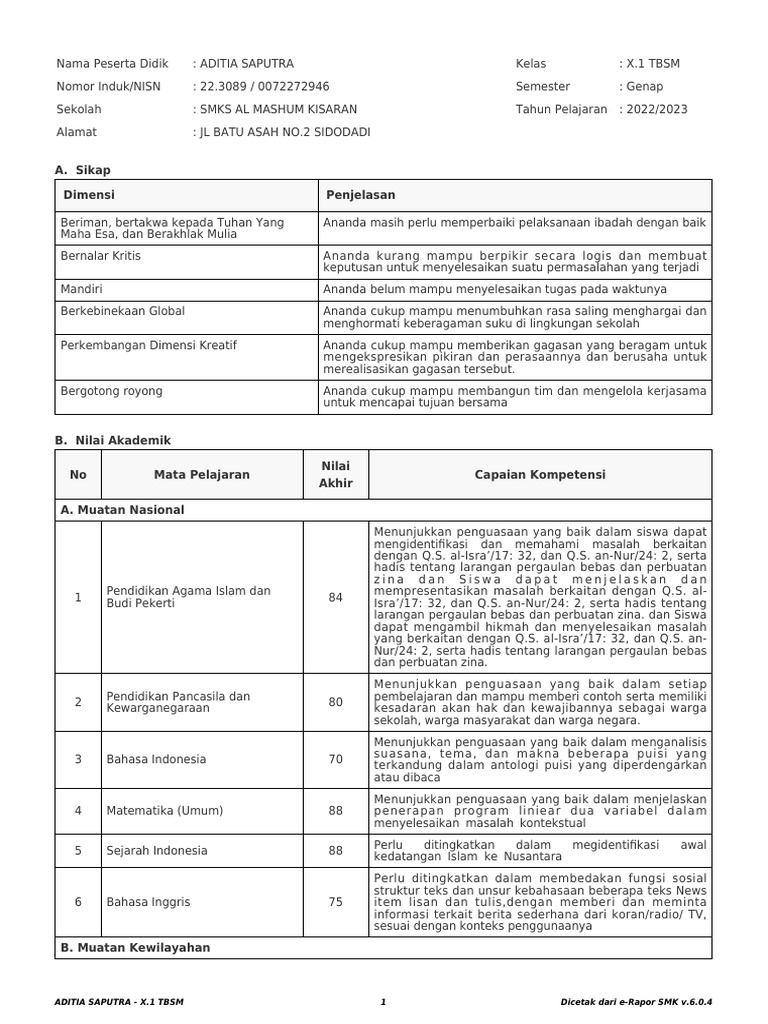 Rapor Aditia Saputra - X.1 TBSM | PDF