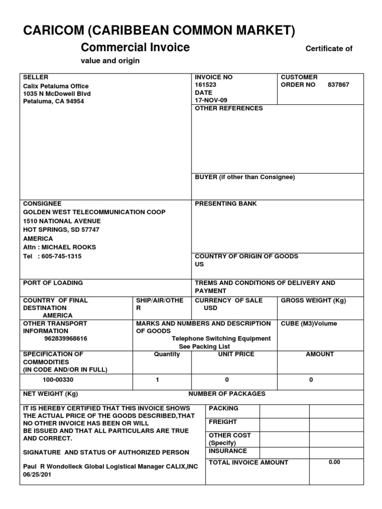 Caricom (Caribbean Common Market) : Commercial Invoice | PDF