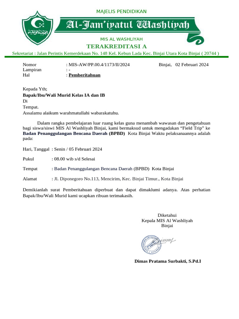 Pemberitahuan Field Trip Kelas I | PDF