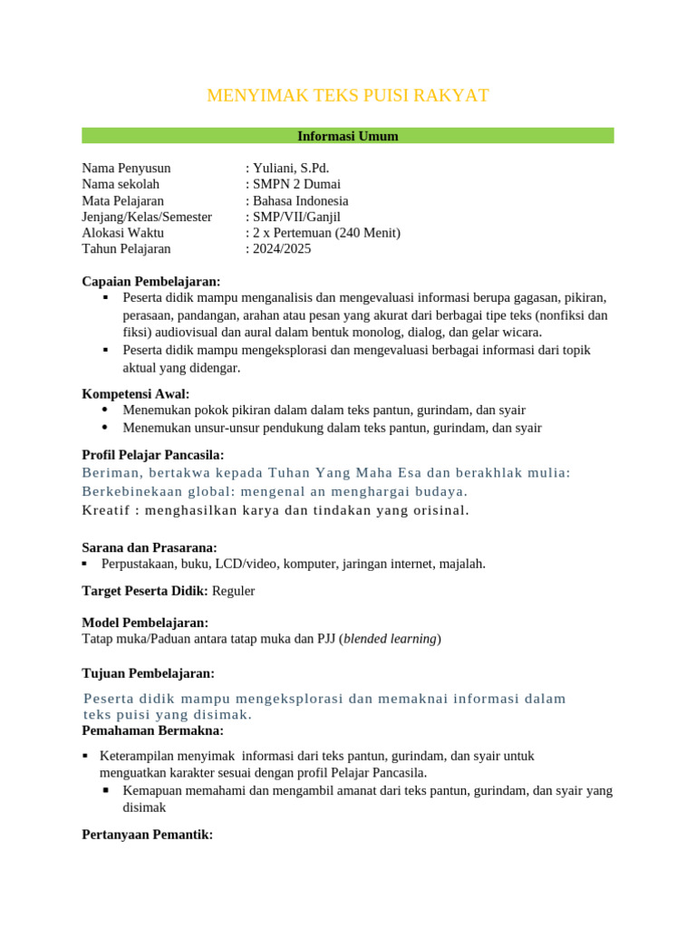 Modul Berintegrasi Puisi Rakyat | PDF