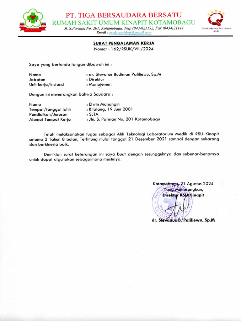 Surat Pengalaman Kerja Edwin | PDF