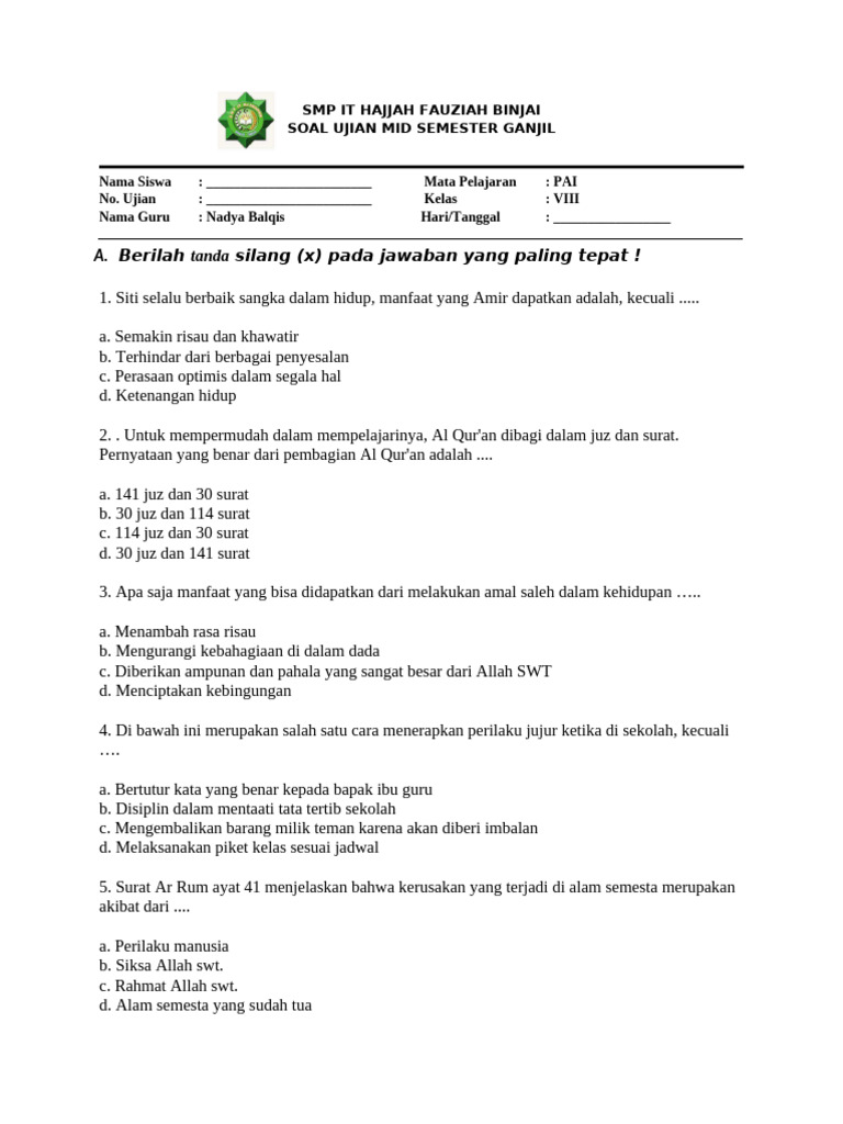 Soal Pai Kelas Viii Mid Semester 2024. | PDF
