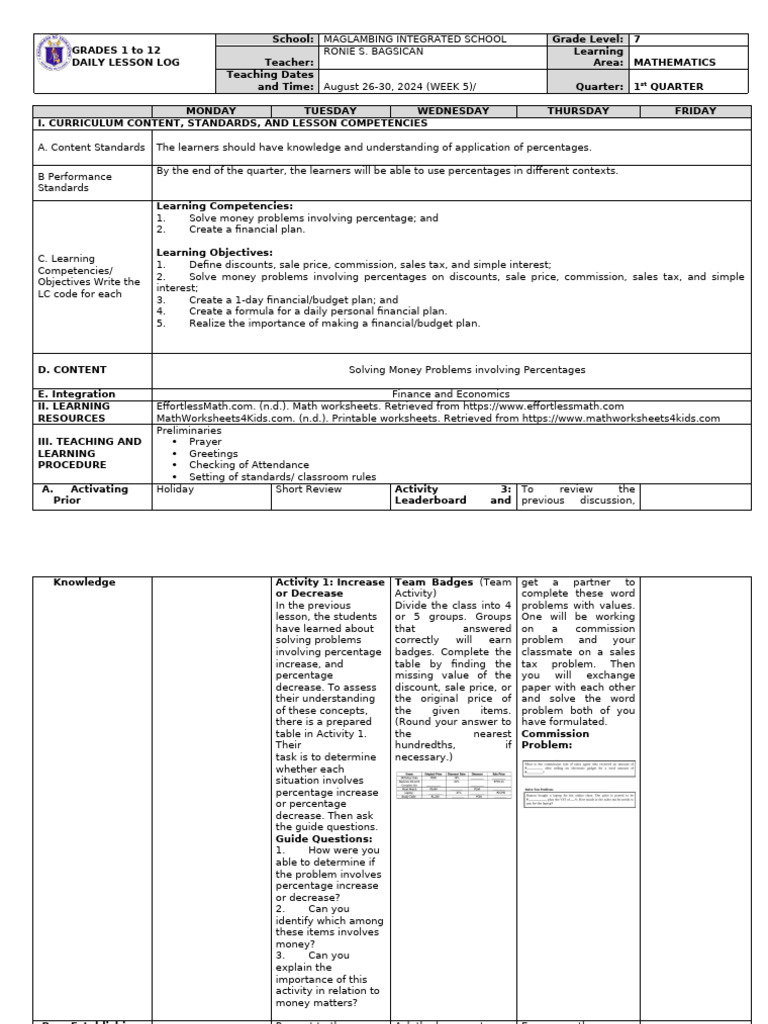 Math 7 Q1 WK5 DLL | PDF