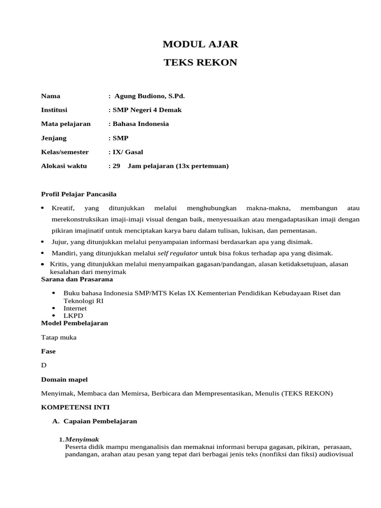 Modul Ajar Teks Rekon | PDF
