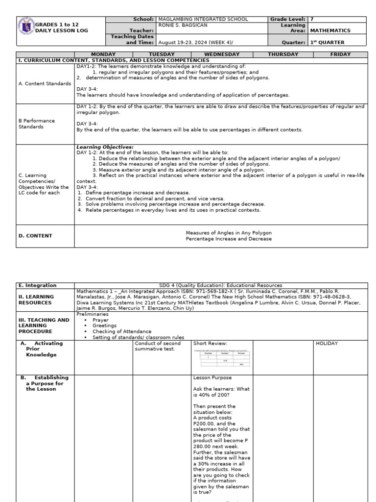 Math 7 Q1 WK4 DLL | PDF