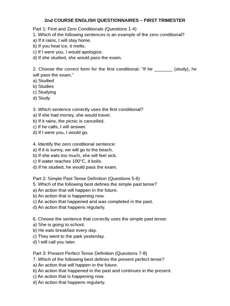 2nd COURSE ENGLISH QUESTIONNAIRES - EXAMEN DEL PRIMER TRIMESTRE | PDF