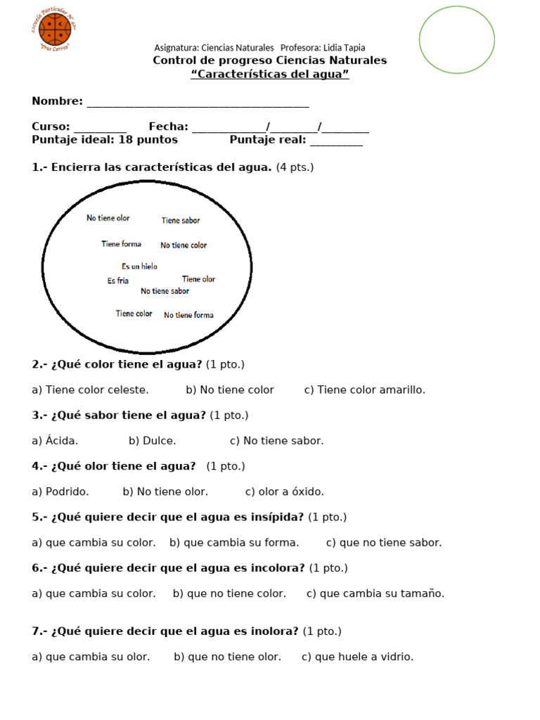 Control de Progreso Ciencias Naturales El Agua y Sus Características | PDF | Ciencia y matemáticas