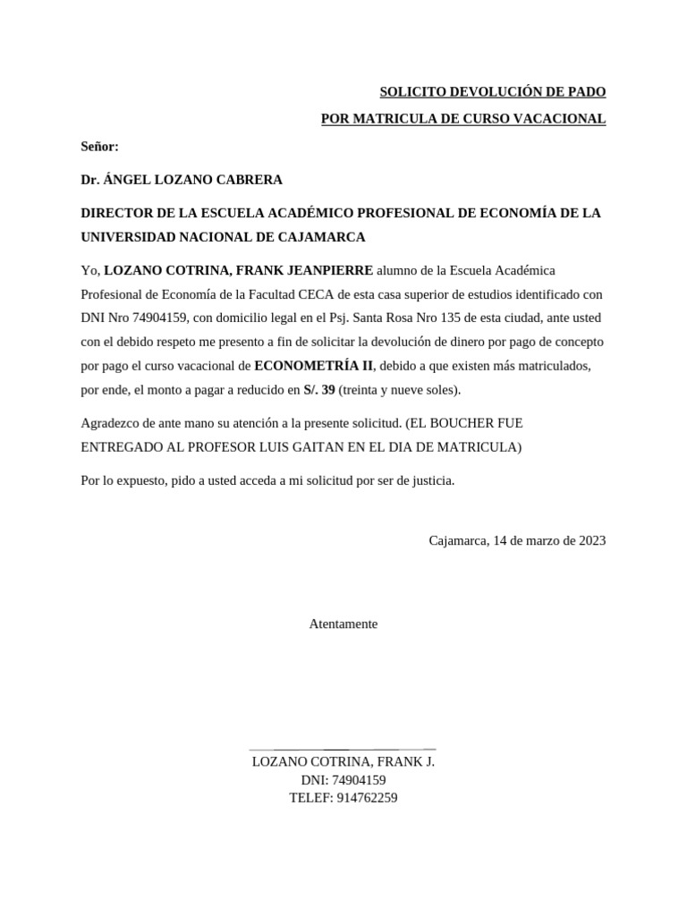 Solicito Devolución de Pado | PDF
