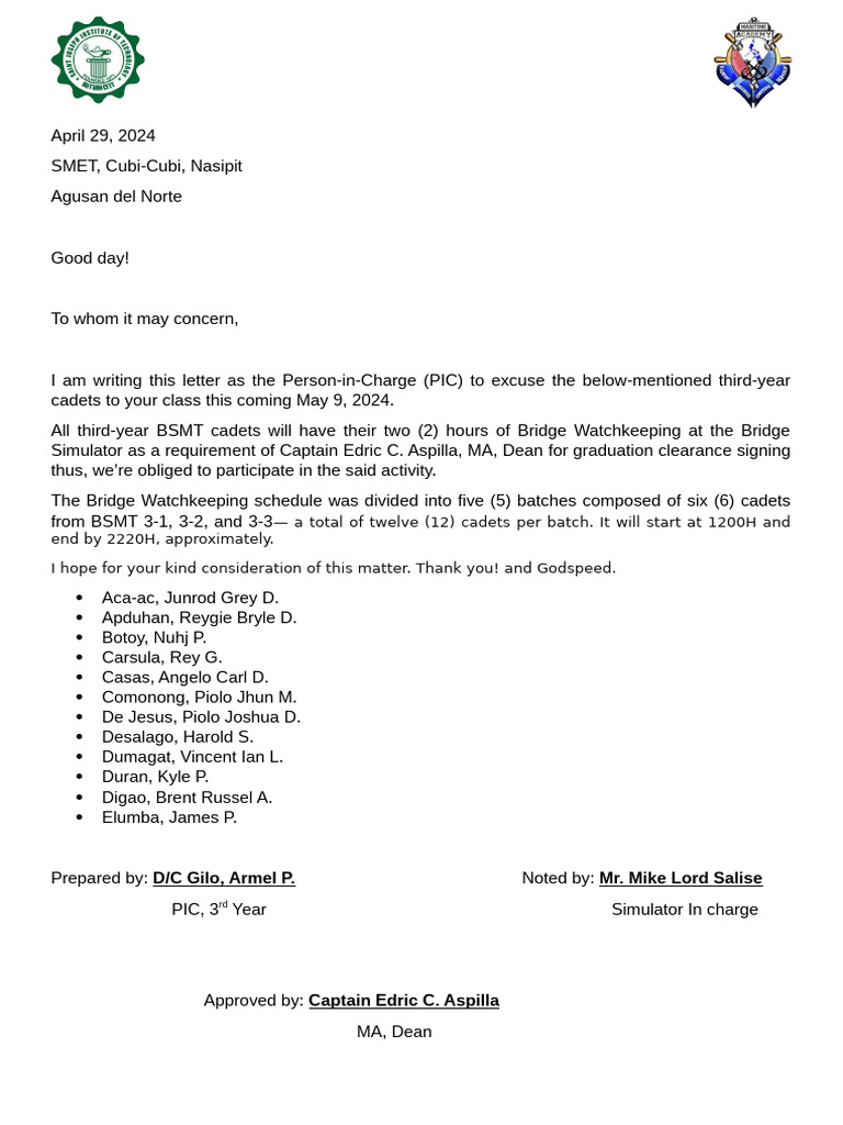 Excuse Letter - BSMT 3-2 | PDF