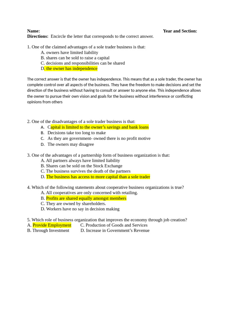 Short Quiz For Forms and Role of A Business Organization | PDF
