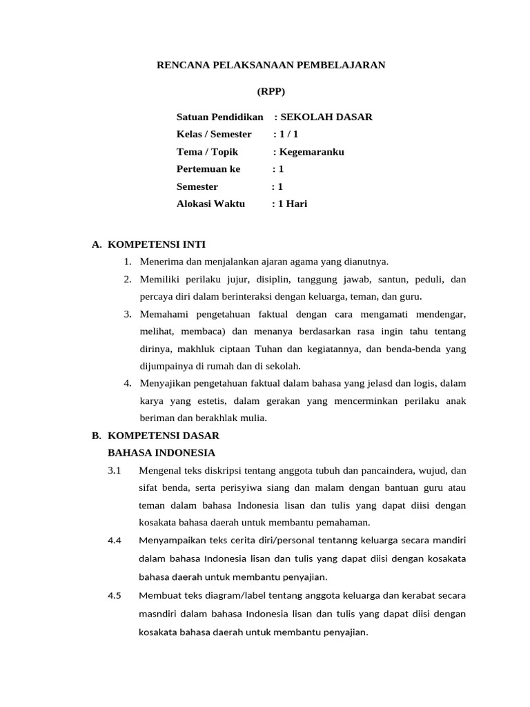 RPP Tema 2 Sub Tema 2 (Pemb.1 - 6) | PDF