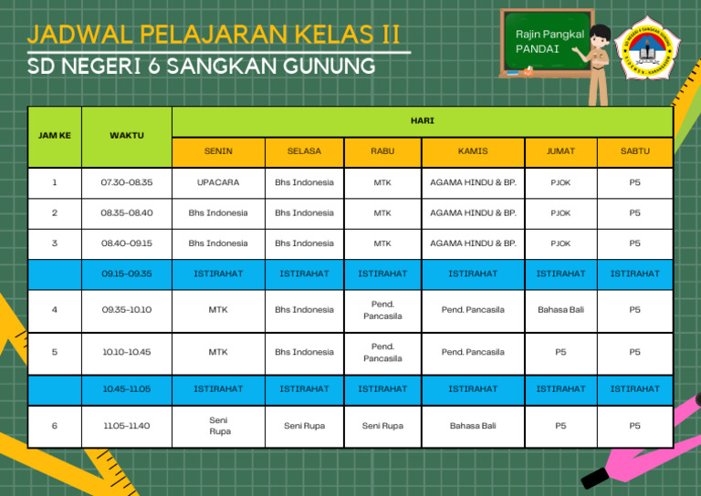 Hijau Bergaris Tabel Jadwal Pelajaran Sekolah Dasar Kelas VI | PDF