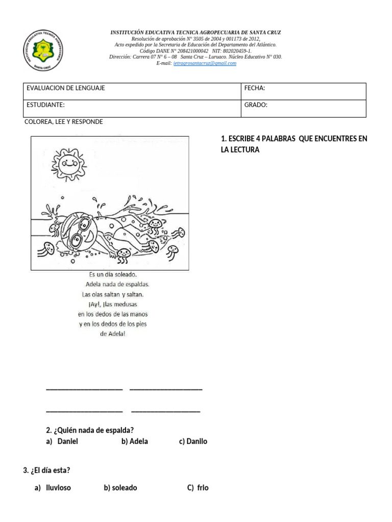 Evaluacion De Primer Grado Pdf