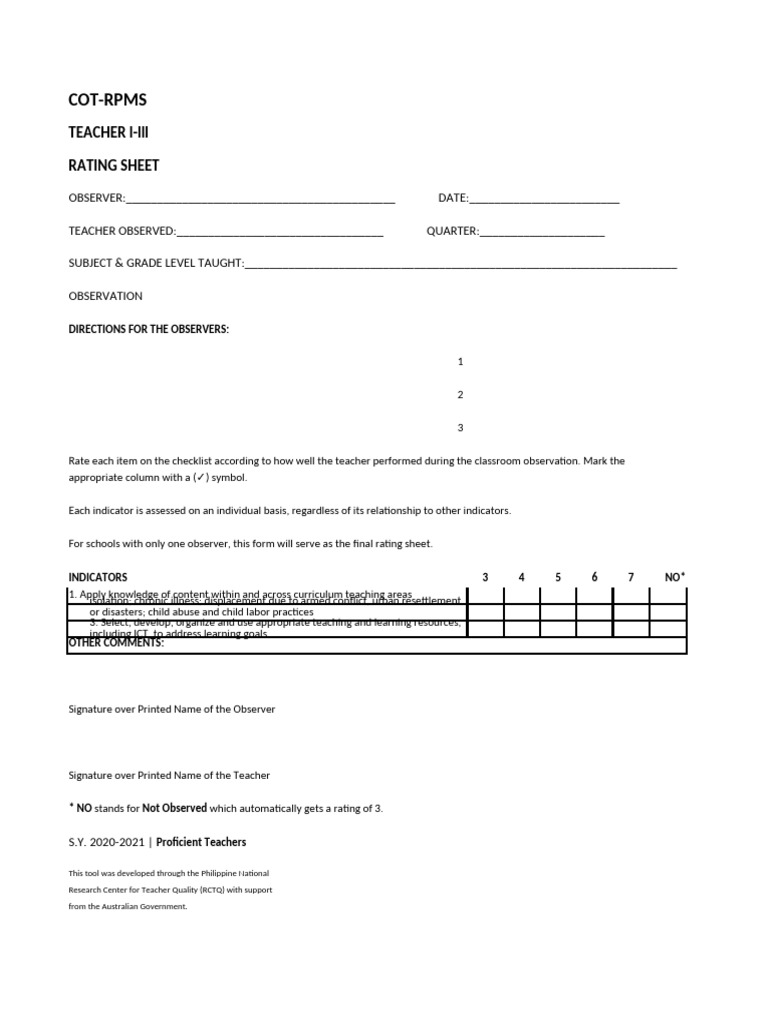 COT-RPMS Rating Sheet For T I-III For SY 2020-2021 in The Time of COVID ...