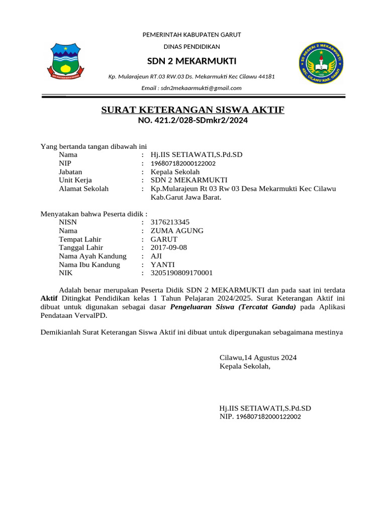 Contoh - SUKET - SISWA AKTIF - VERVALPD | PDF