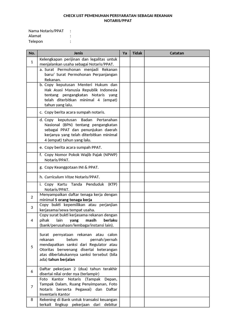 Check List Pemenuhan Persyaratan Sebagai Rekanan Notaris | PDF