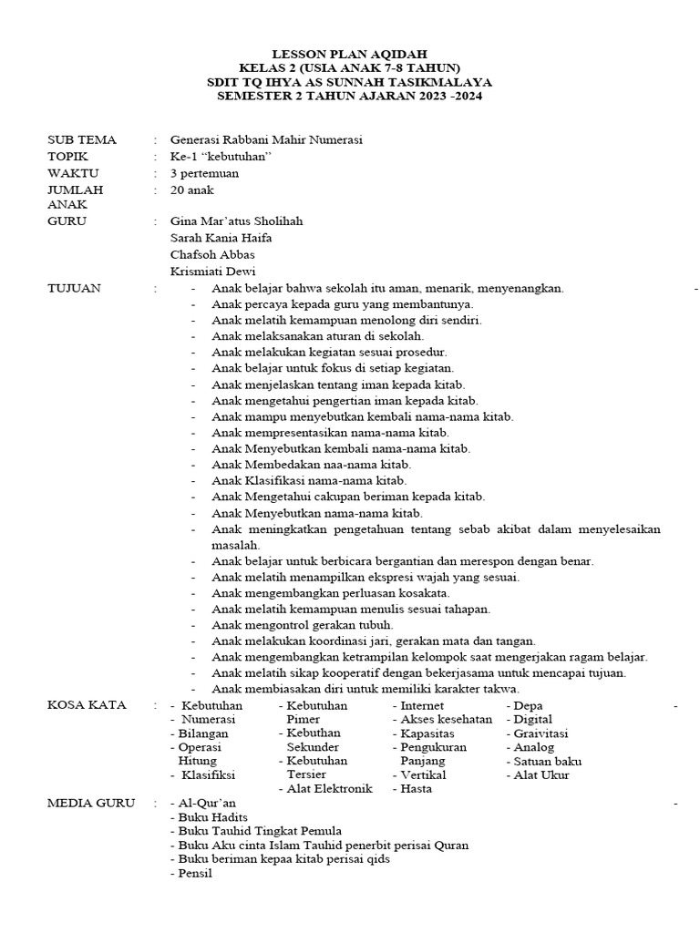 Lesson Plan Aqidah Semester Genap Kelas 2 - Pert 1-3 (Topik Kebutuhan) | PDF