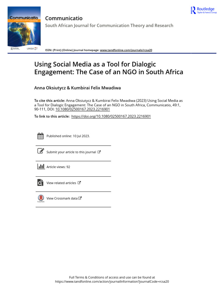 Using Social Media As A Tool For Dialogic Engagement The Case of An NGO ...