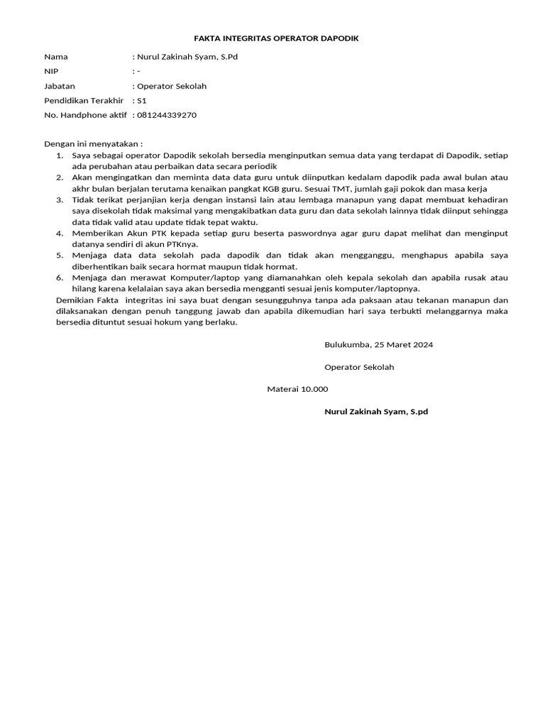 Fakta Integritas Operator Dapodik | PDF