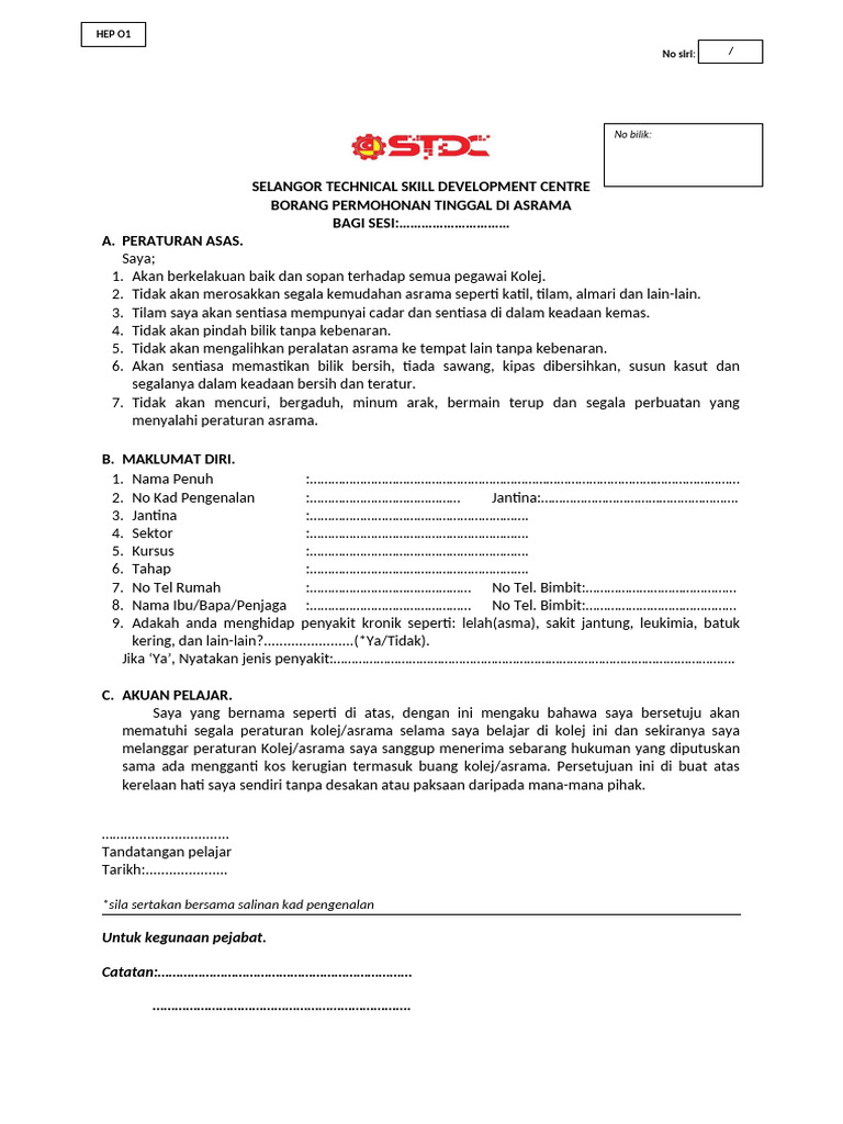 Hep 01 Borang Permohonan Tinggal Asrama | PDF