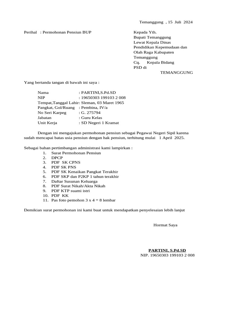 Surat Permohonan Pensiun BUP | PDF