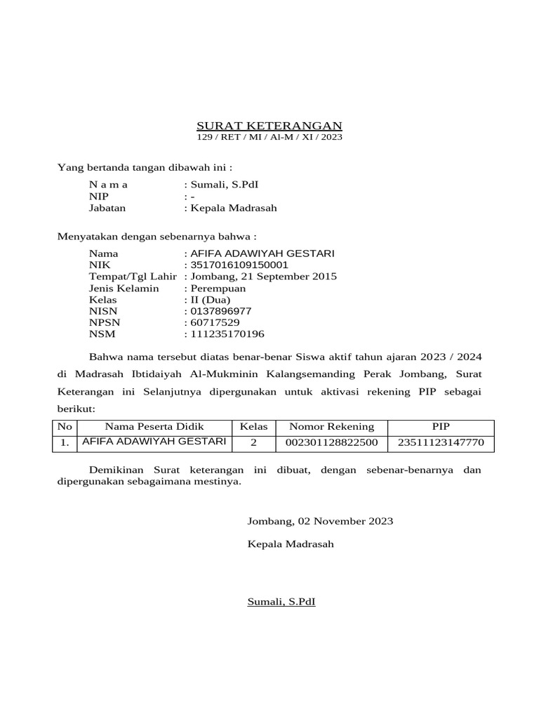 Surat Keterangan PIP 2023 Tahp 2 | PDF