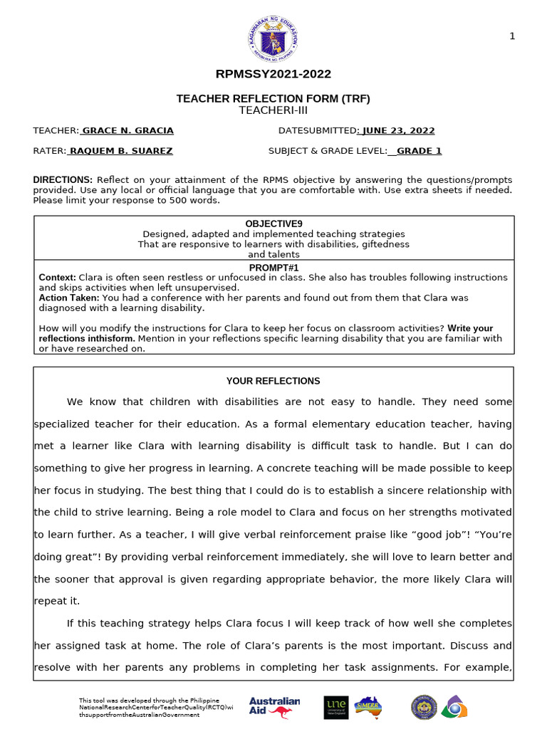RPMSSY2021-2022: Teacher Reflection Form (TRF) | PDF