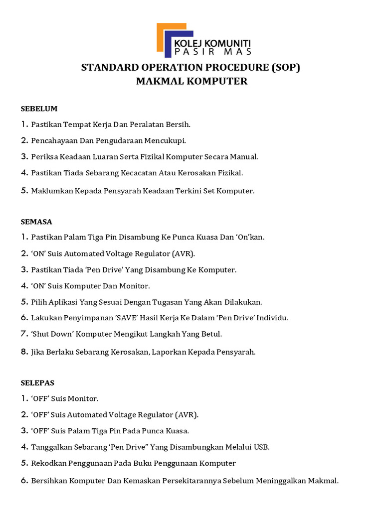 Standard Operation Procedure (Sop) Makmal Komputer: Sebelum | PDF