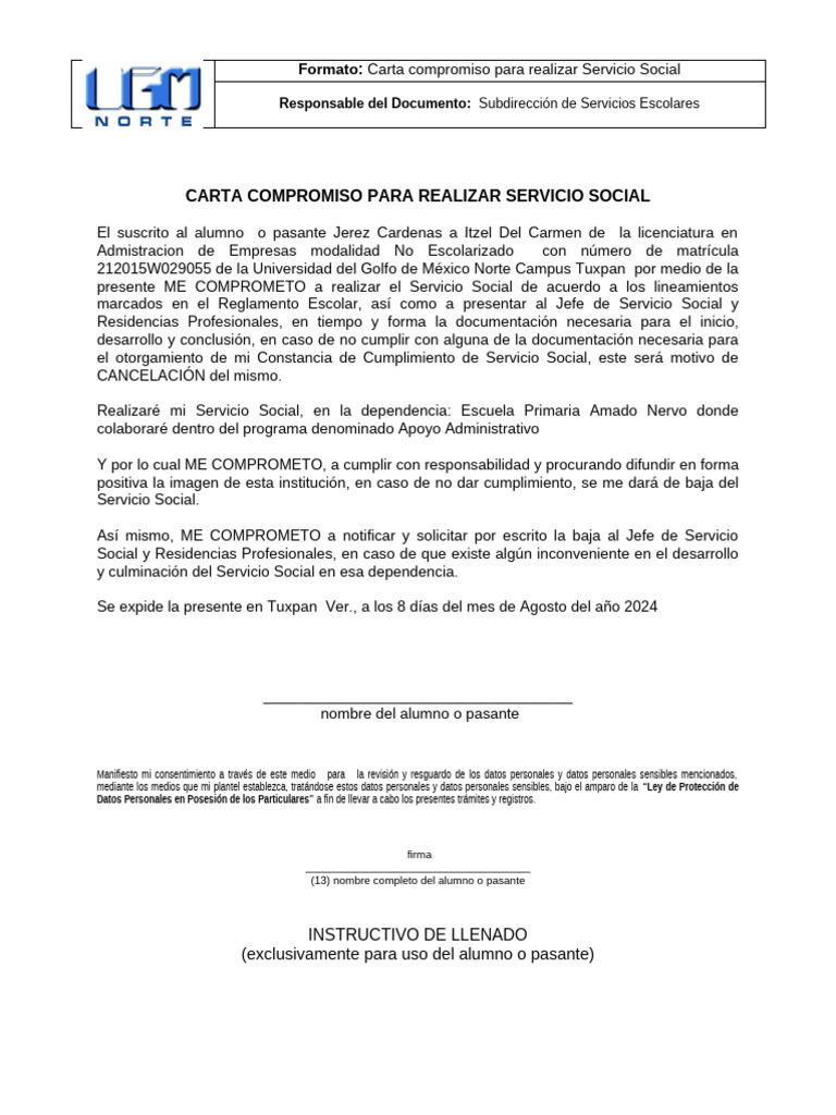 Carta Compromiso Servicio Social 2024 | PDF | Crecimiento personal y ...