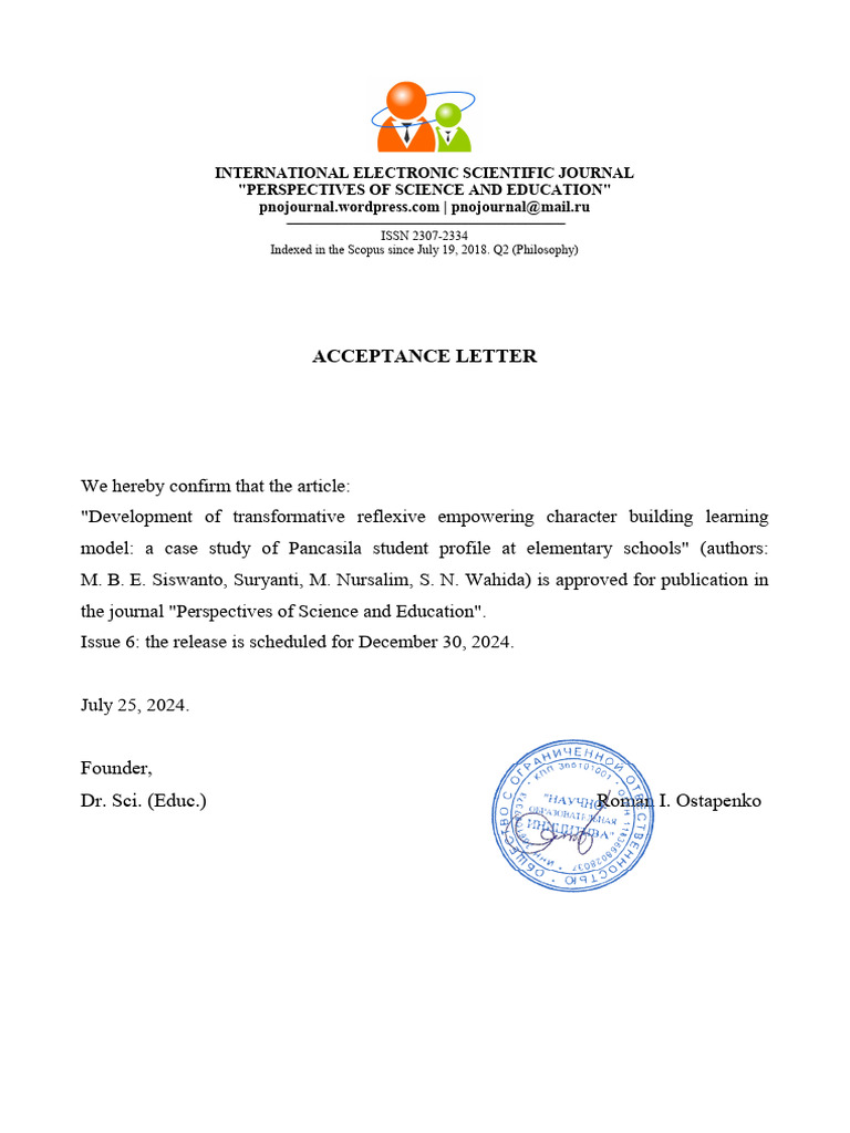 Acceptance Letter: International Electronic Scientific Journal ...