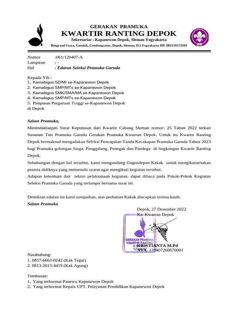 Edaran Seleksi Pramuka Garuda Kwarran Depok 2023 | PDF Edaran Seleksi Pramuka Garuda Kwarran Depok 2023 | PDF